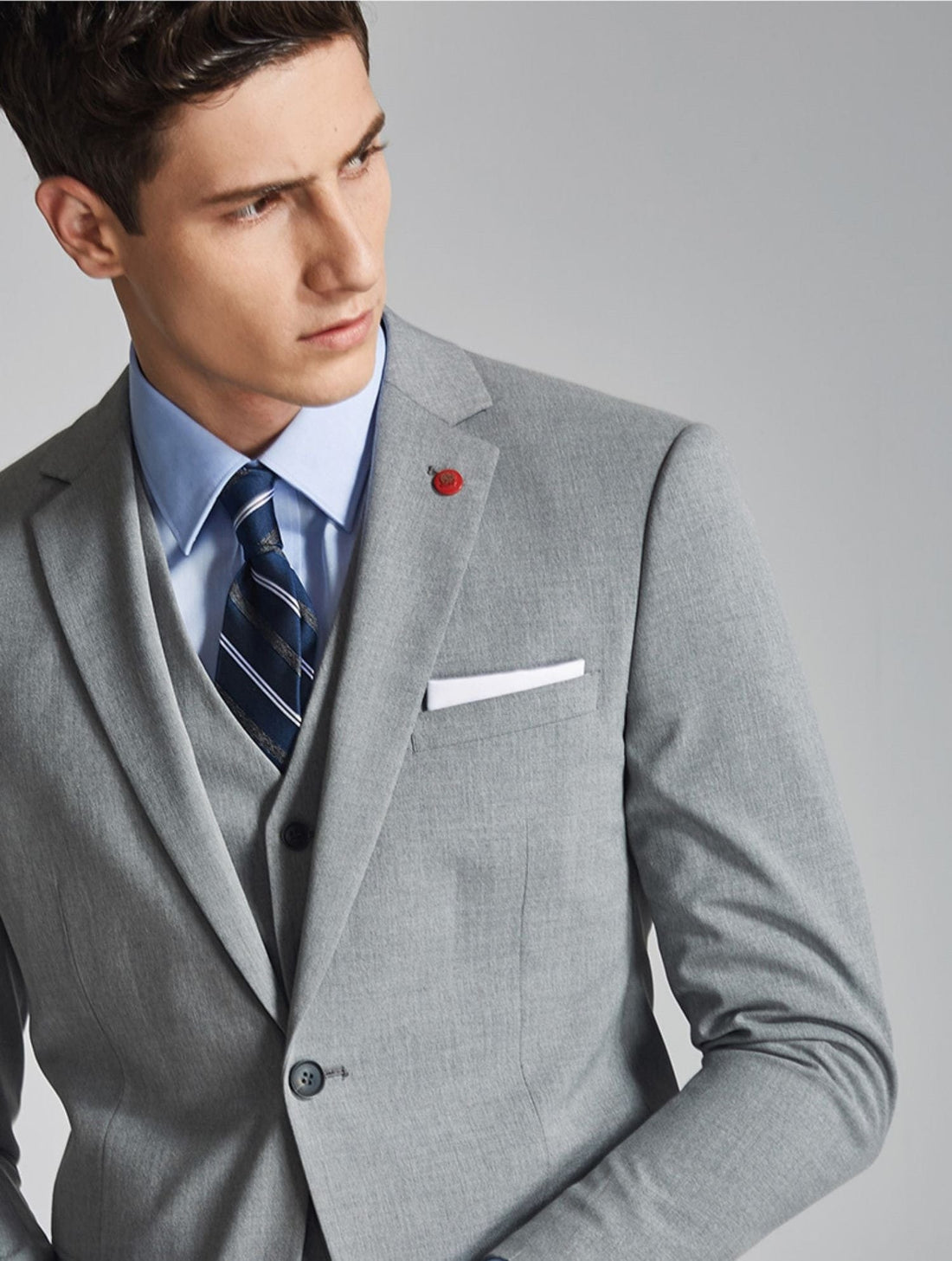 3 Piece Silver Single Breasted Casual Men's Suit Business Slim Fit Gro