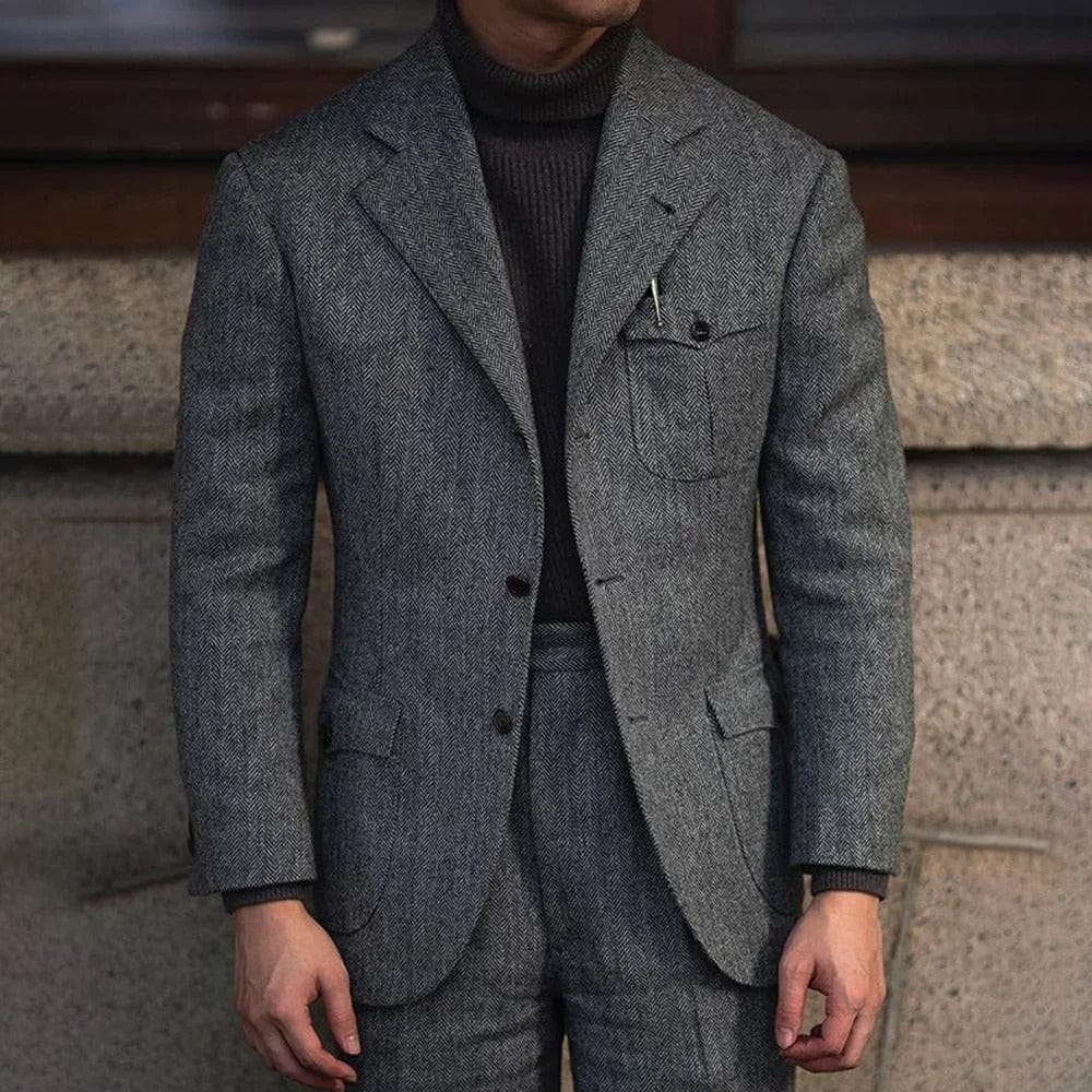 Men’s Herringbone Two-Piece Suit Set – Single-Breasted Blazer & Pants