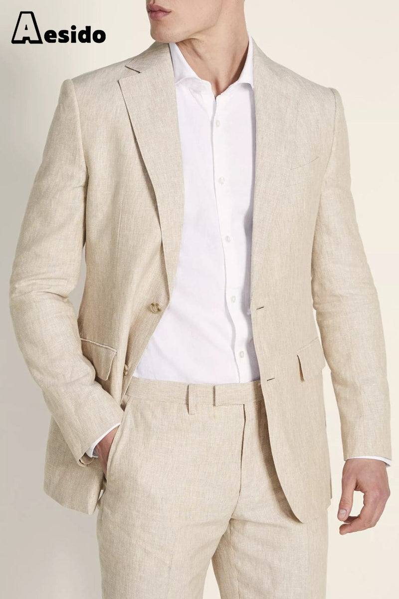 Aesido 2 Pieces Business Casual Double Button Linen Men's Suit (Blazer