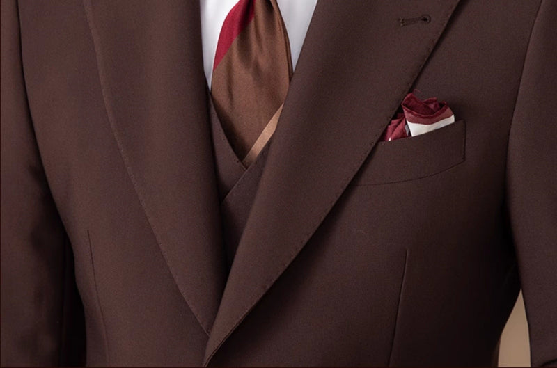 Coffee Men's Suit 3 Piece Business Casual Peak Lapel Jacket (Blazer+Ve
