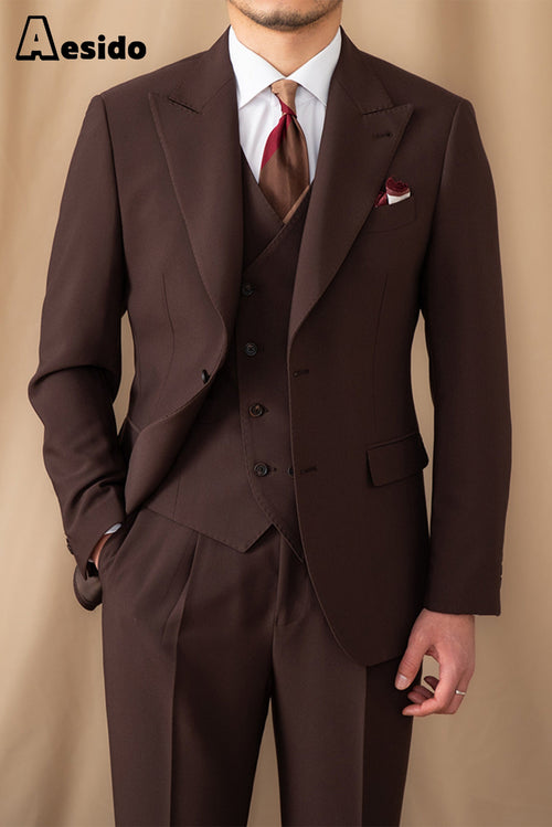 Aesido Coffee Men's Suit 3 Piece Business Casual Peak Lapel Jacket (Bl