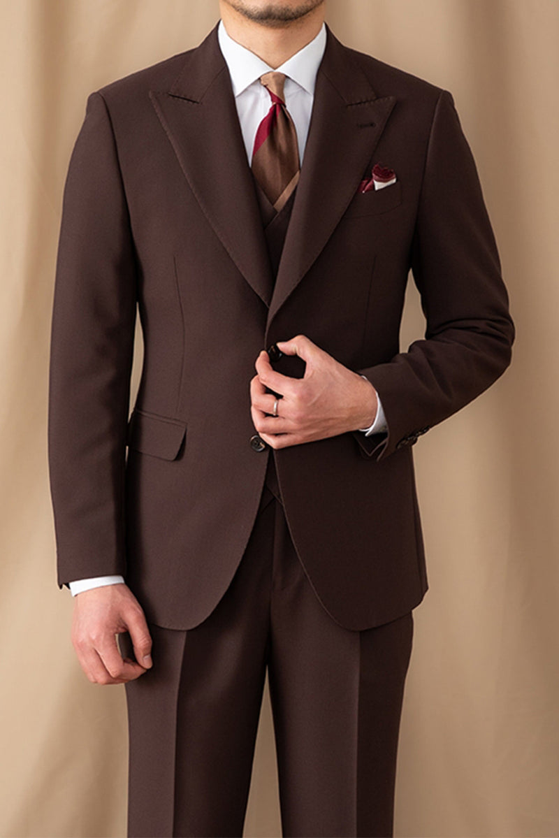 Aesido Coffee Men's Suit 3 Piece Business Casual Peak Lapel Jacket (Bl