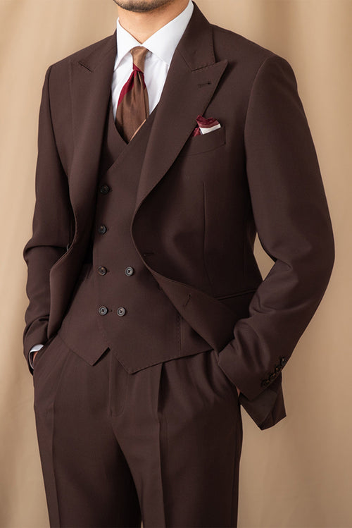 Aesido Coffee Men's Suit 3 Piece Business Casual Peak Lapel Jacket (Bl